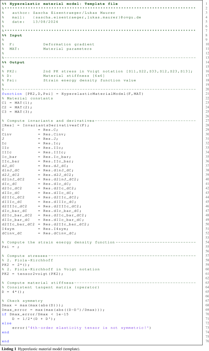 Implementation of isotropic hyperelastic material models: a »template« approach | Acta Mechanica