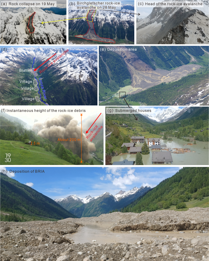 Birchgletscher rock-ice avalanche burying the village of Blatten on 28 ...