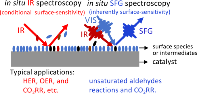 In situ infrared spectroscopy and sum frequency generation spectroscopy ...
