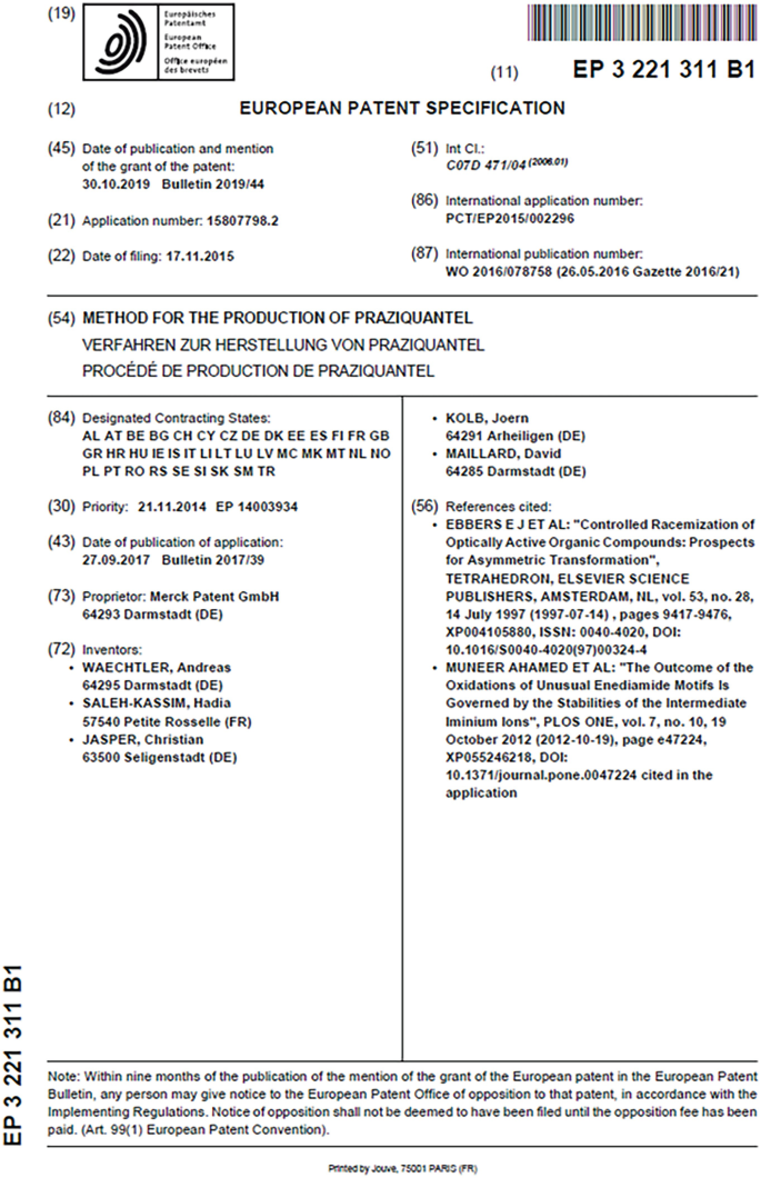 Proprietary Aspects of Praziquantel | Springer Nature Link (formally SpringerLink)