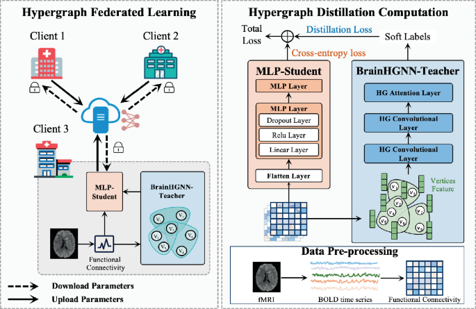 Hypergraph-Guided Federated Distillation Learning for Efficient and Robust Multi-center fMRI ...