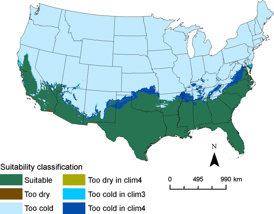 What parts of the US mainland are climatically suitable for invasive ...