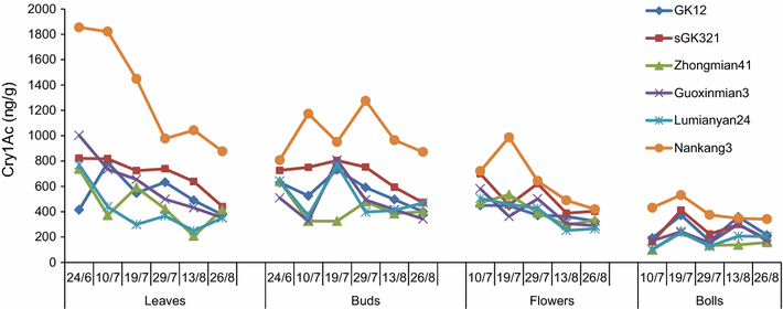 Bt protein expression in the transgenic insect-resistant cotton in ...
