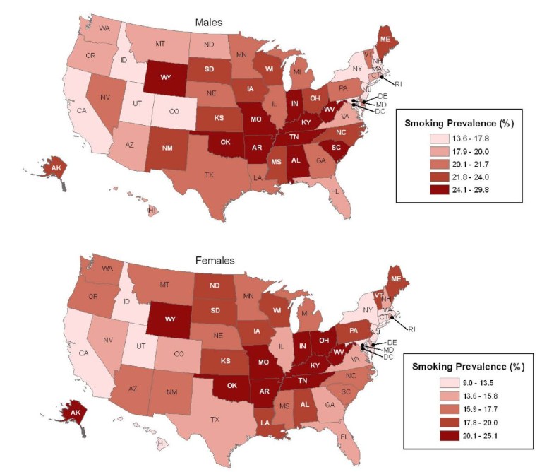 Changes in smoking prevalence among U.S. adults by state and region ...