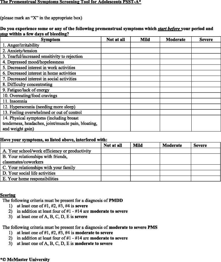 The premenstrual symptoms screening tool revised for adolescents (PSST-A): prevalence of severe ...