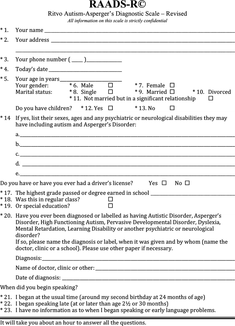 The Ritvo Autism Asperger Diagnostic Scale-Revised (RAADS-R): A Scale ...