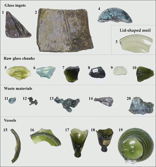 Glass ingots, raw glass chunks, glass wastes and vessels from fifth ...