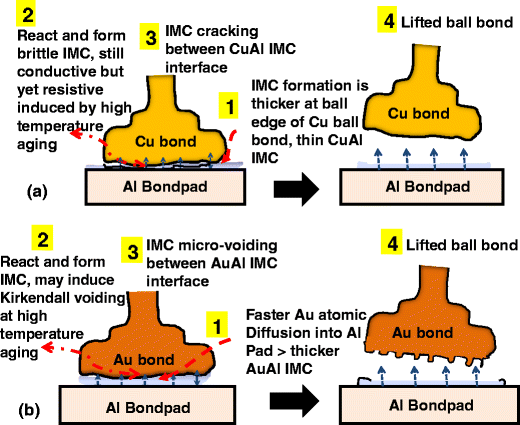 Evolution and investigation of copper and gold ball bonds in extended ...