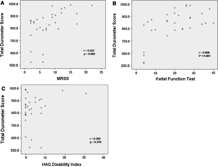 The correlation between durometer score and modified Rodnan skin score ...