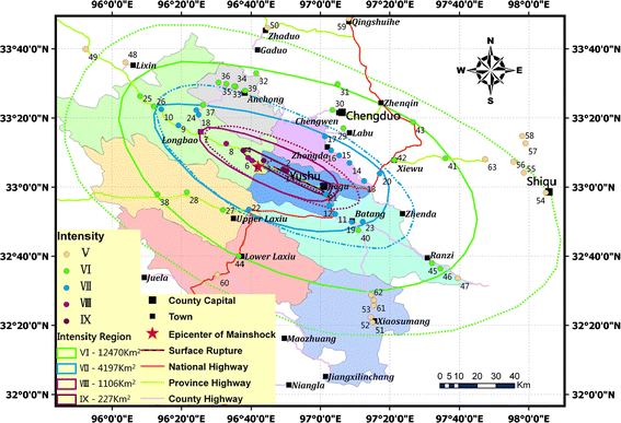 Seismic intensity map and typical structural damage of 2010 Ms 7.1 ...