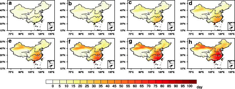 Projection of heat waves over China for eight different global warming ...