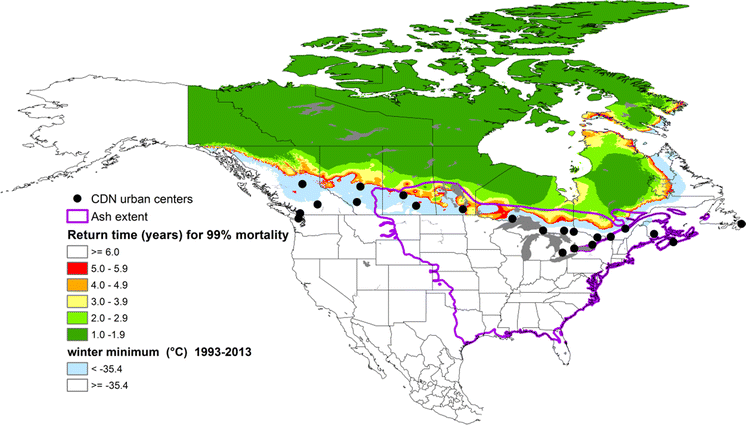 Probability of emerald ash borer impact for Canadian cities and North ...
