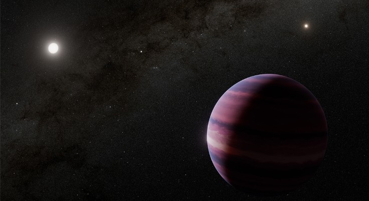 Artist's impression of a planet with two stars in the distance