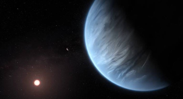 An artist's rendering of the exoplanet K2-18 b, depicted as having a bluish-grey appearance.